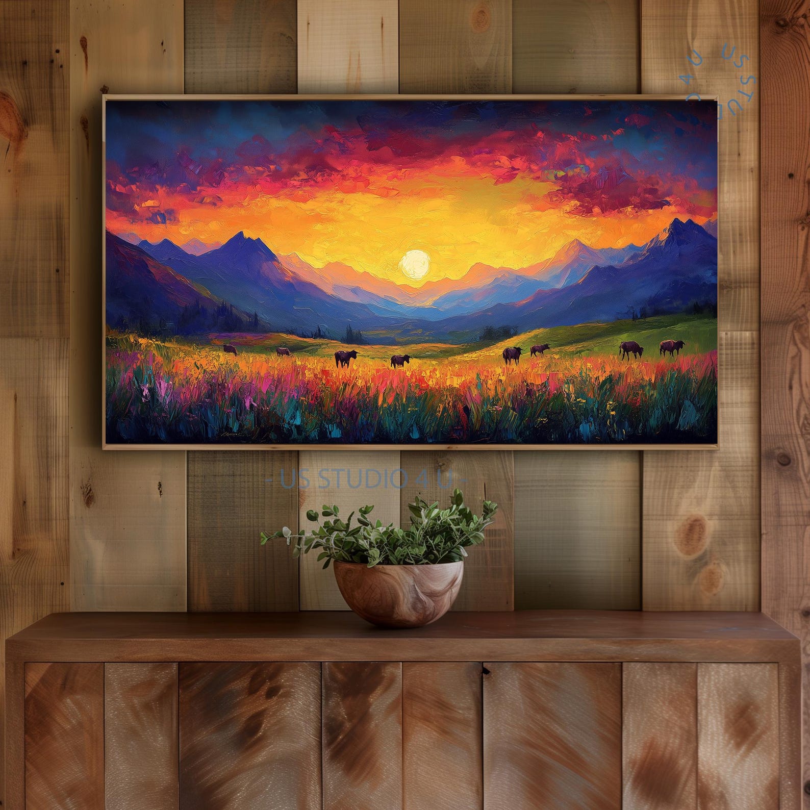 Dramatic Sunset Landscape Art for Frame TV, Rustic Scenic Mountain ...