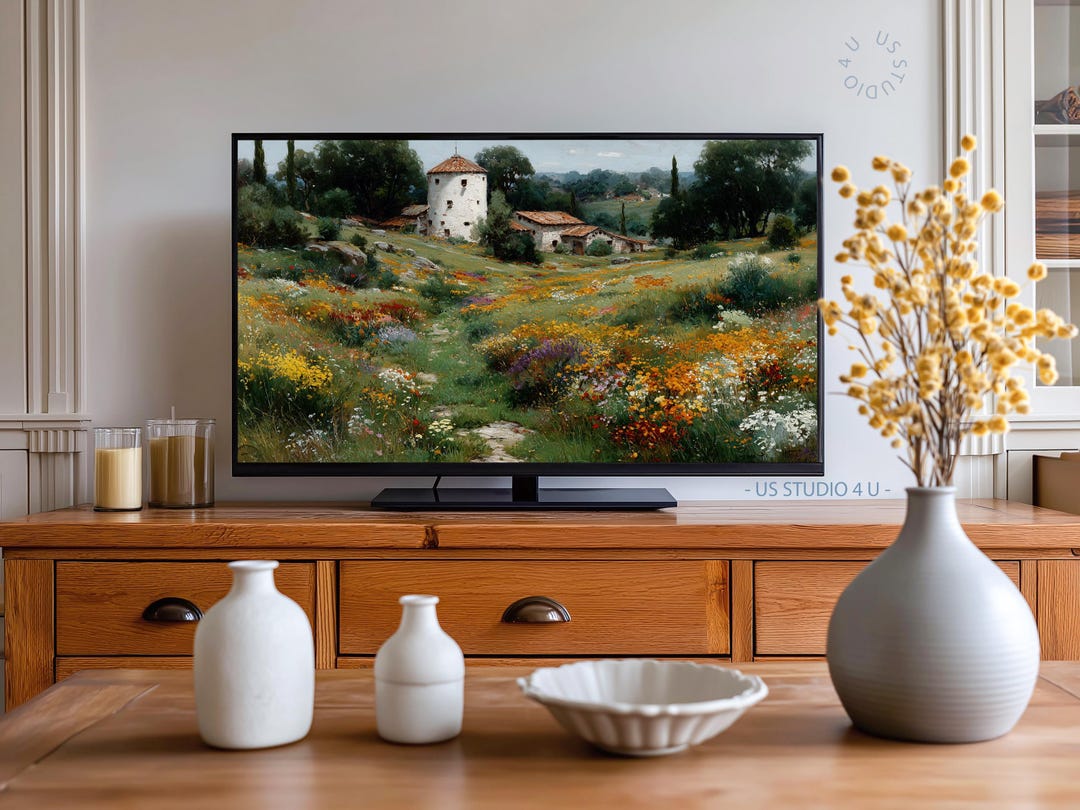 Springtime Cottagecore TV Art, Windmill & Wildflower Meadow Frame TV ...