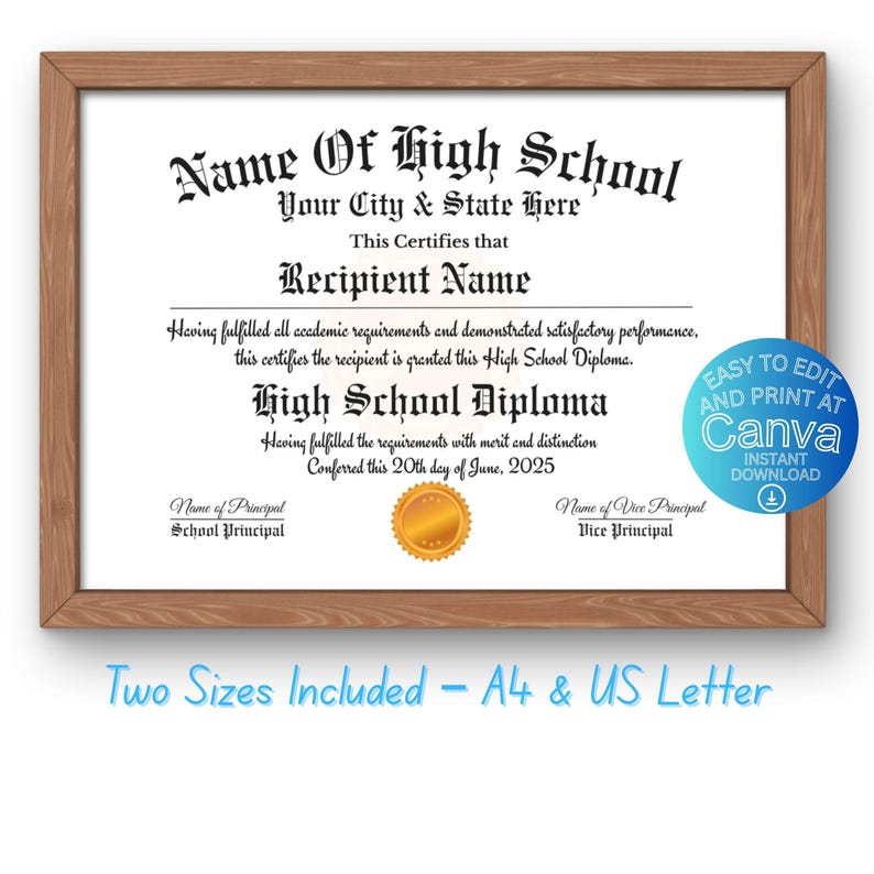 Editable High School Diploma Template: Canva Printable (digital ...