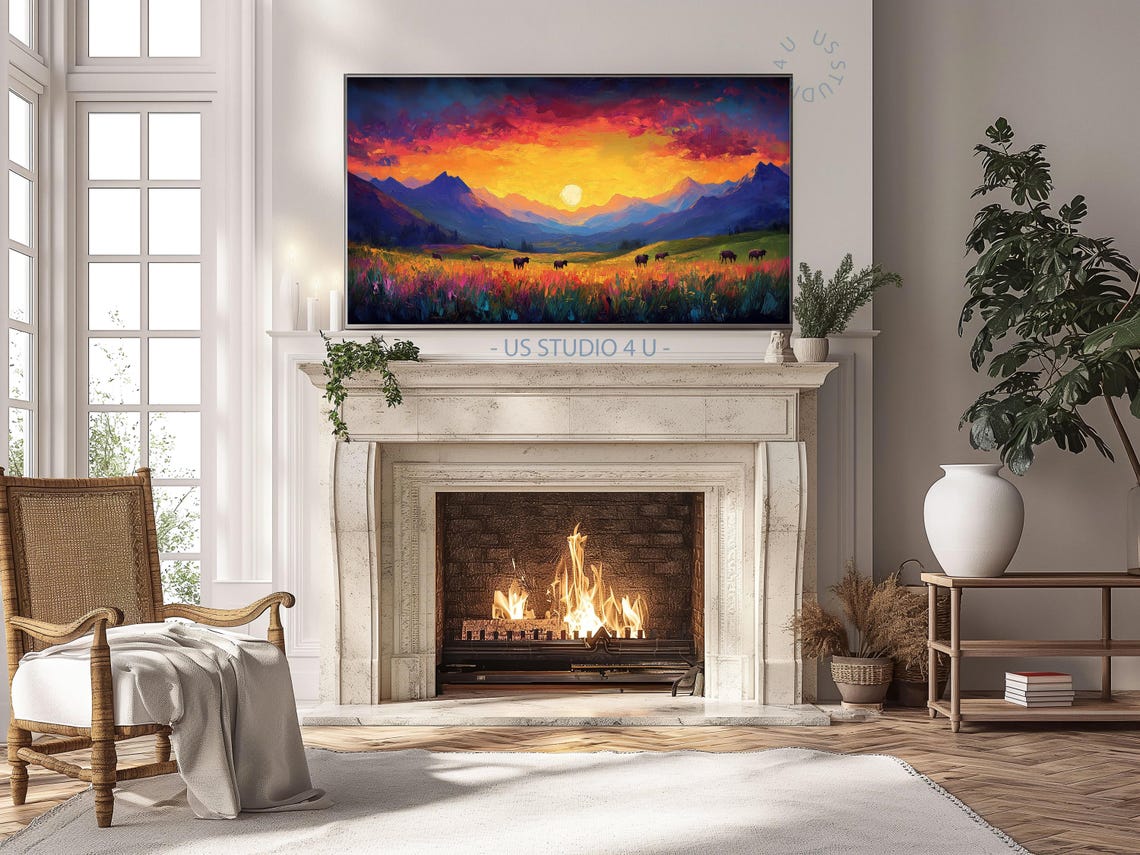 Dramatic Sunset Landscape Art for Frame TV, Rustic Scenic Mountain ...