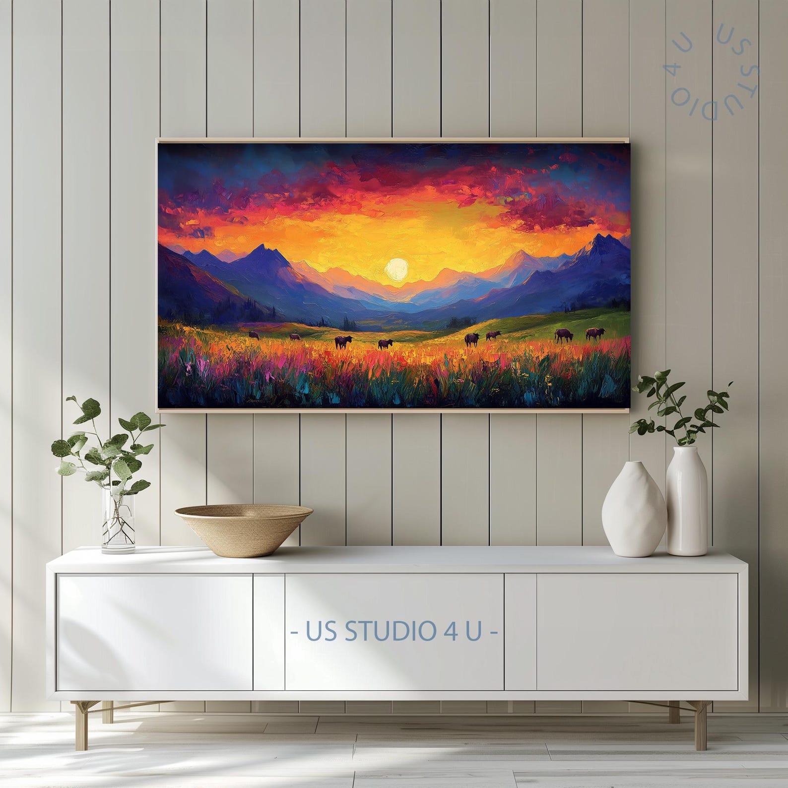 Dramatic Sunset Landscape Art for Frame TV, Rustic Scenic Mountain ...