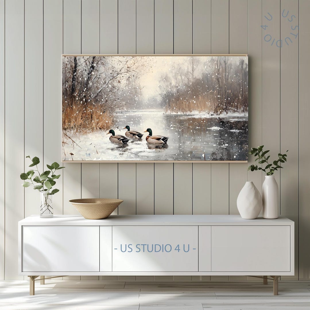 Rustic Winter Landscape Frame TV Art, Cozy Duck River Scene, Farmhouse ...