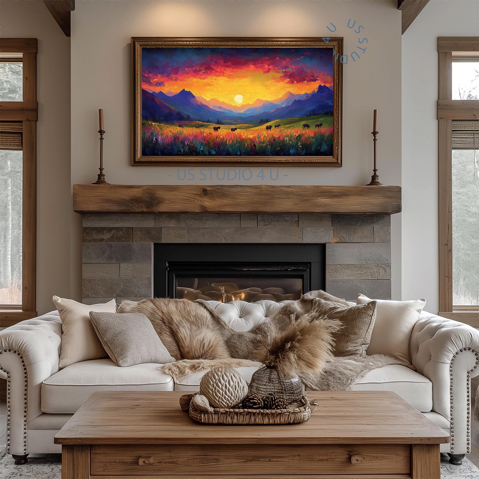 Dramatic Sunset Landscape Art for Frame TV, Rustic Scenic Mountain ...