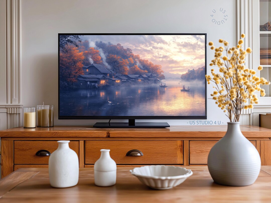 Rustic Autumn Lakeside Scene Frame TV Art, Cozy Cottagecore Digital ...