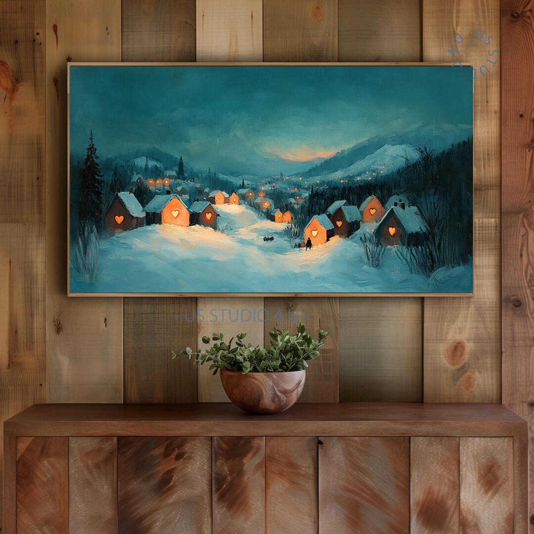 Cozy Winter Village Frame TV Art, Rustic Twilight Cottages, Heart ...
