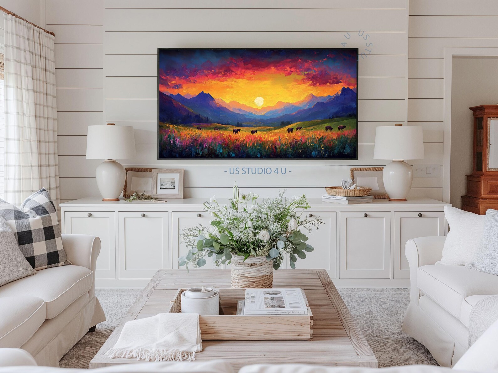 Dramatic Sunset Landscape Art for Frame TV, Rustic Scenic Mountain ...
