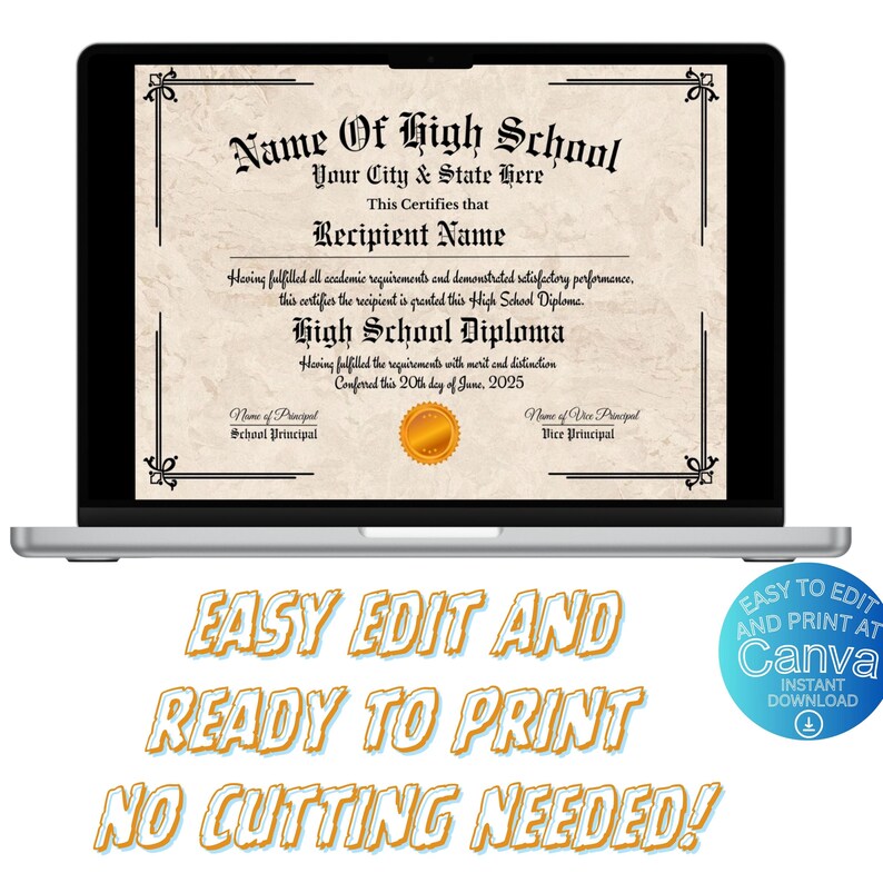 Editable High School Diploma Certificate Template, Vintage Style ...