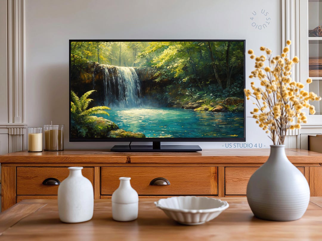 Rustic Serene Forest Waterfall Frame TV Art, Cottagecore Woodland ...
