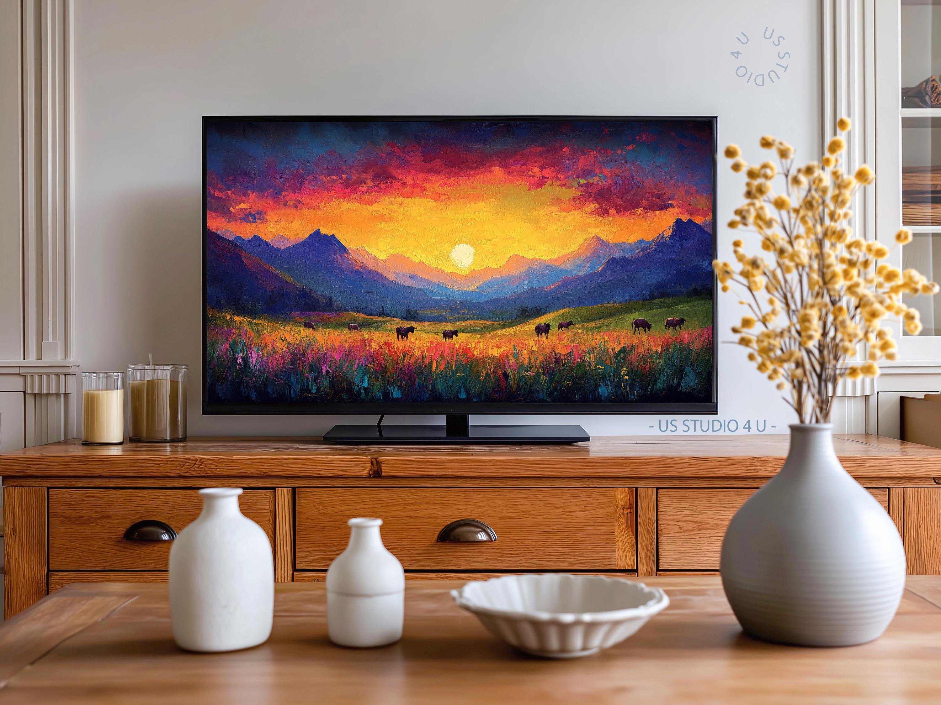 Dramatic Sunset Landscape Art for Frame TV, Rustic Scenic Mountain ...