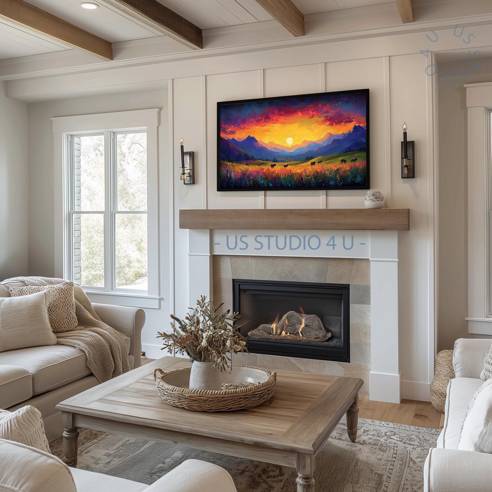 Dramatic Sunset Landscape Art for Frame TV, Rustic Scenic Mountain ...