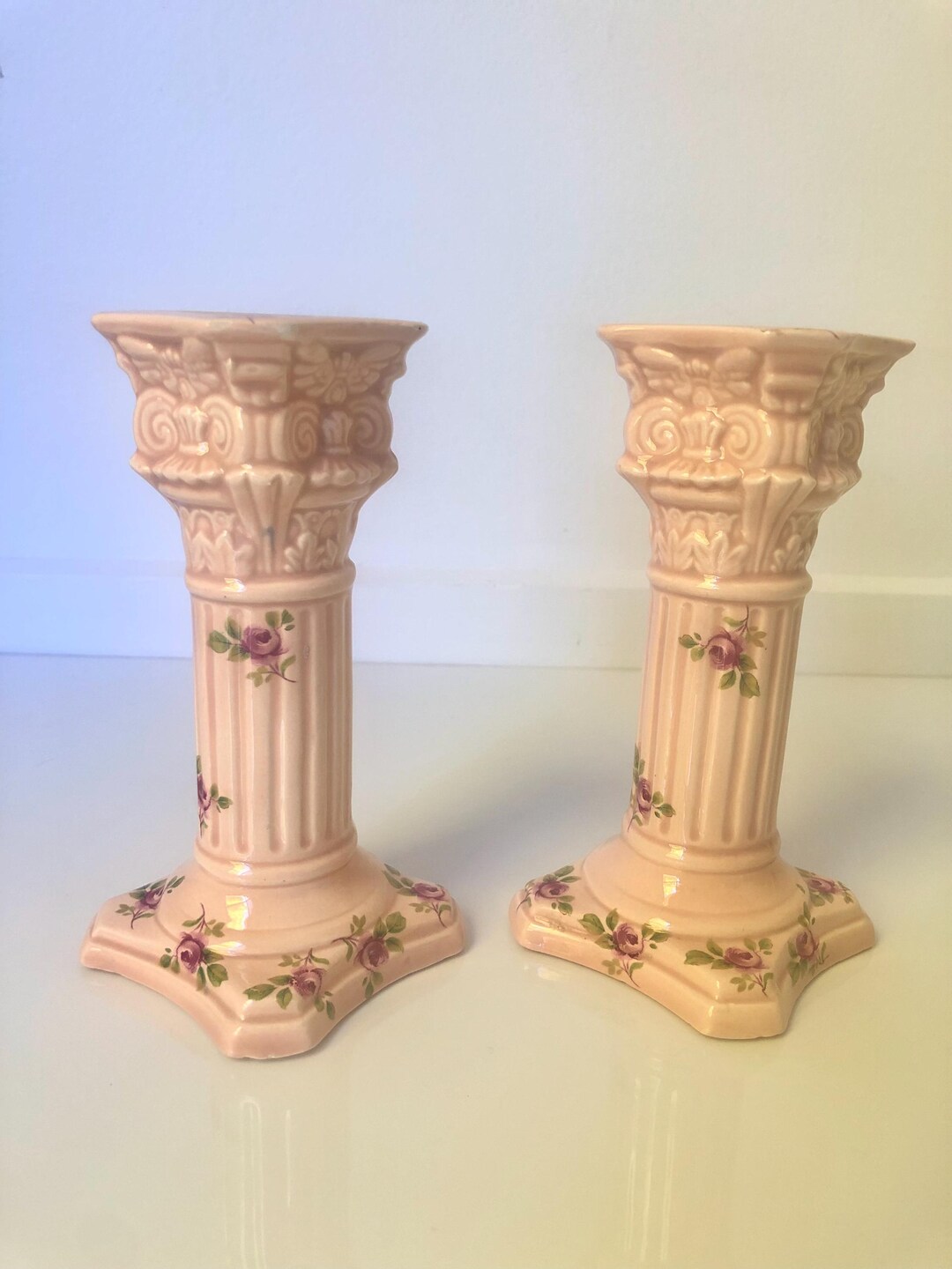 Light Pink Vintage Ceramic Column Candlesticks With Rose and Leaf Motif ...