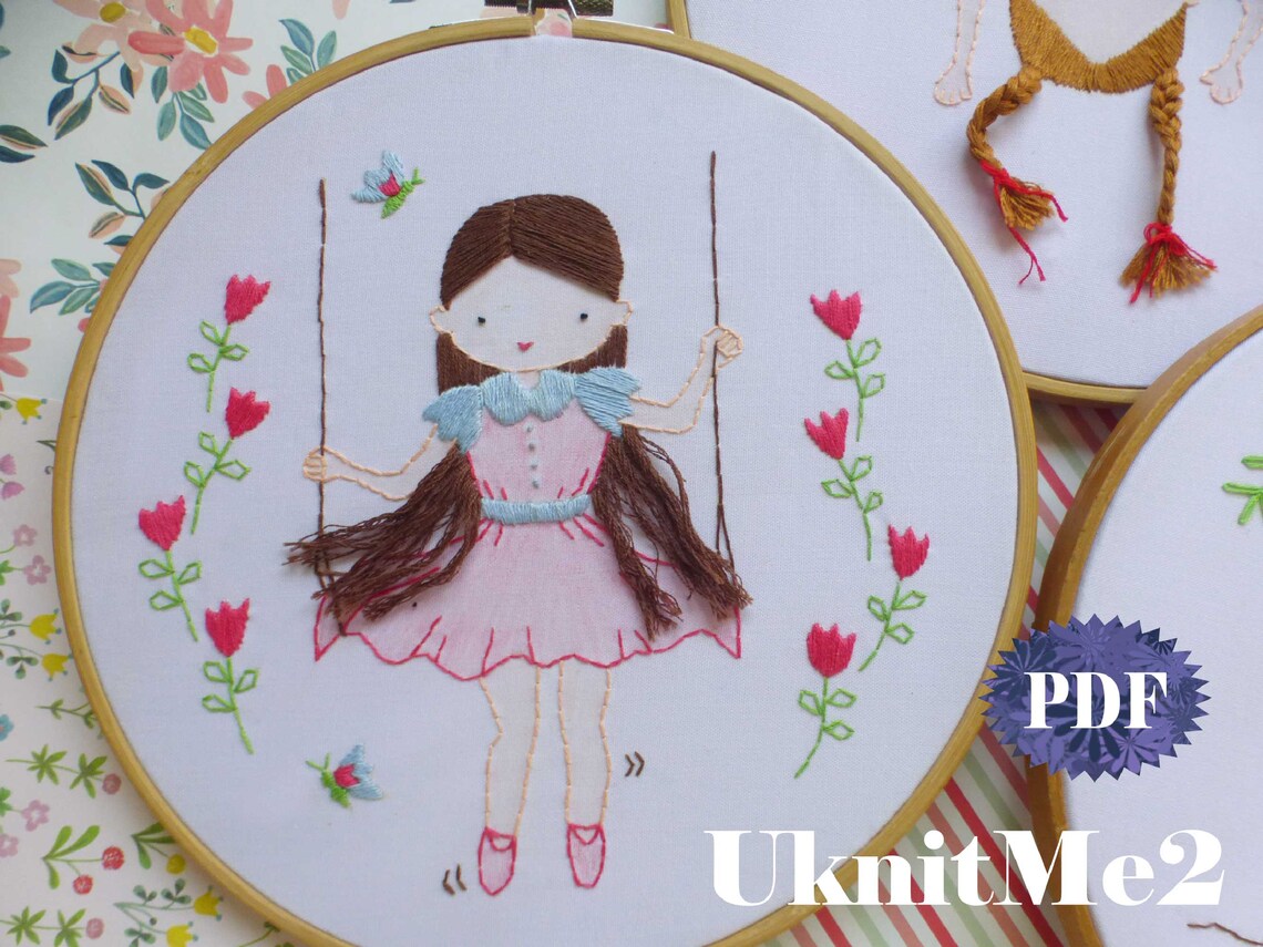 Beginner Hair Embroidery Pattern Swinging Girl Embroidery Hoop - Etsy