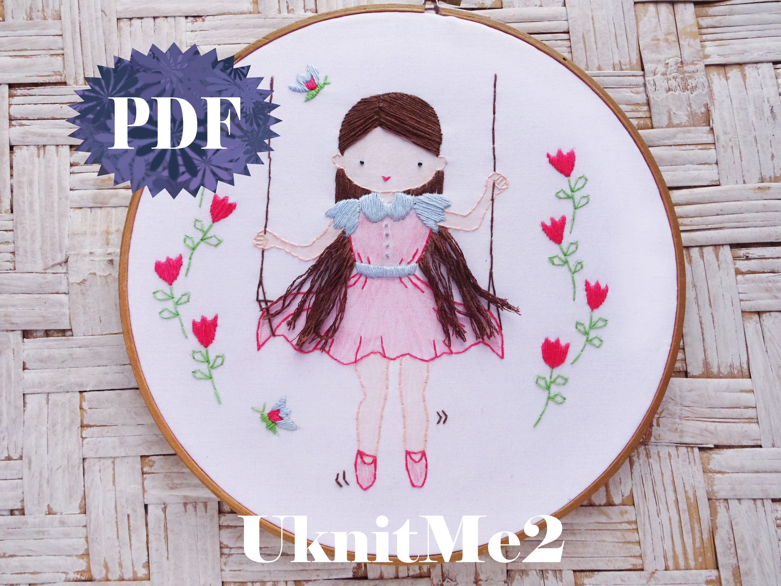 Beginner Hair Embroidery Pattern Swinging Girl Embroidery Hoop | Etsy