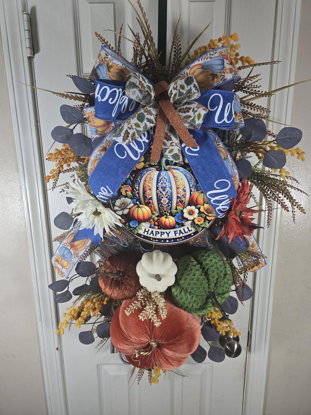 Triple Pumpkin Fall Door Swag | Pumpkin Door Decor | Autumn Front Door ...