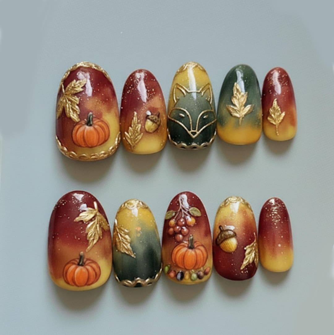 Handmade Fall Harvest Press on Nails, Red Yellow Green Ombré With ...