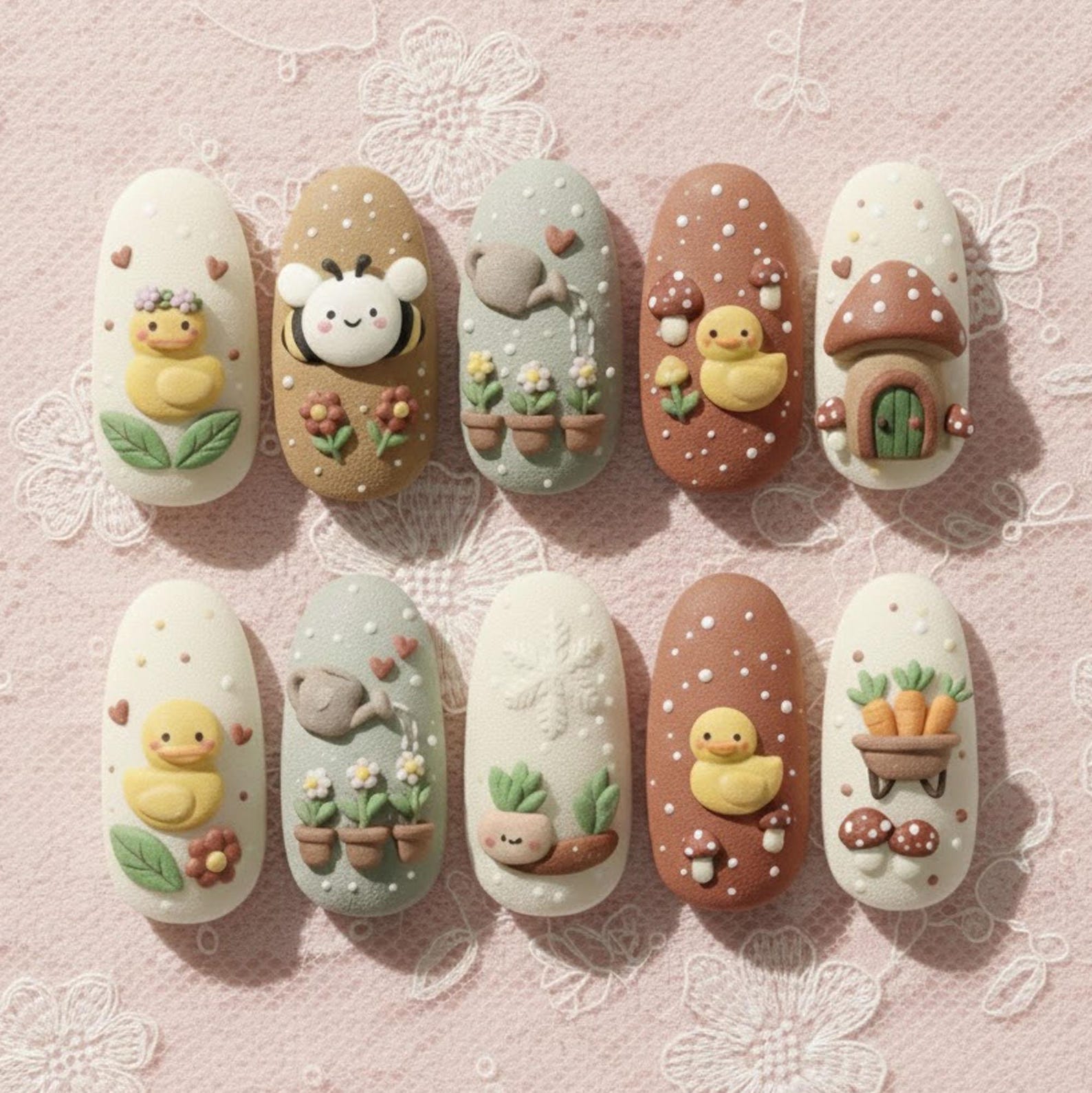 Cute Cottagecore Press on Nails, Duck Bee Mushroom Nail Art, Pastel ...