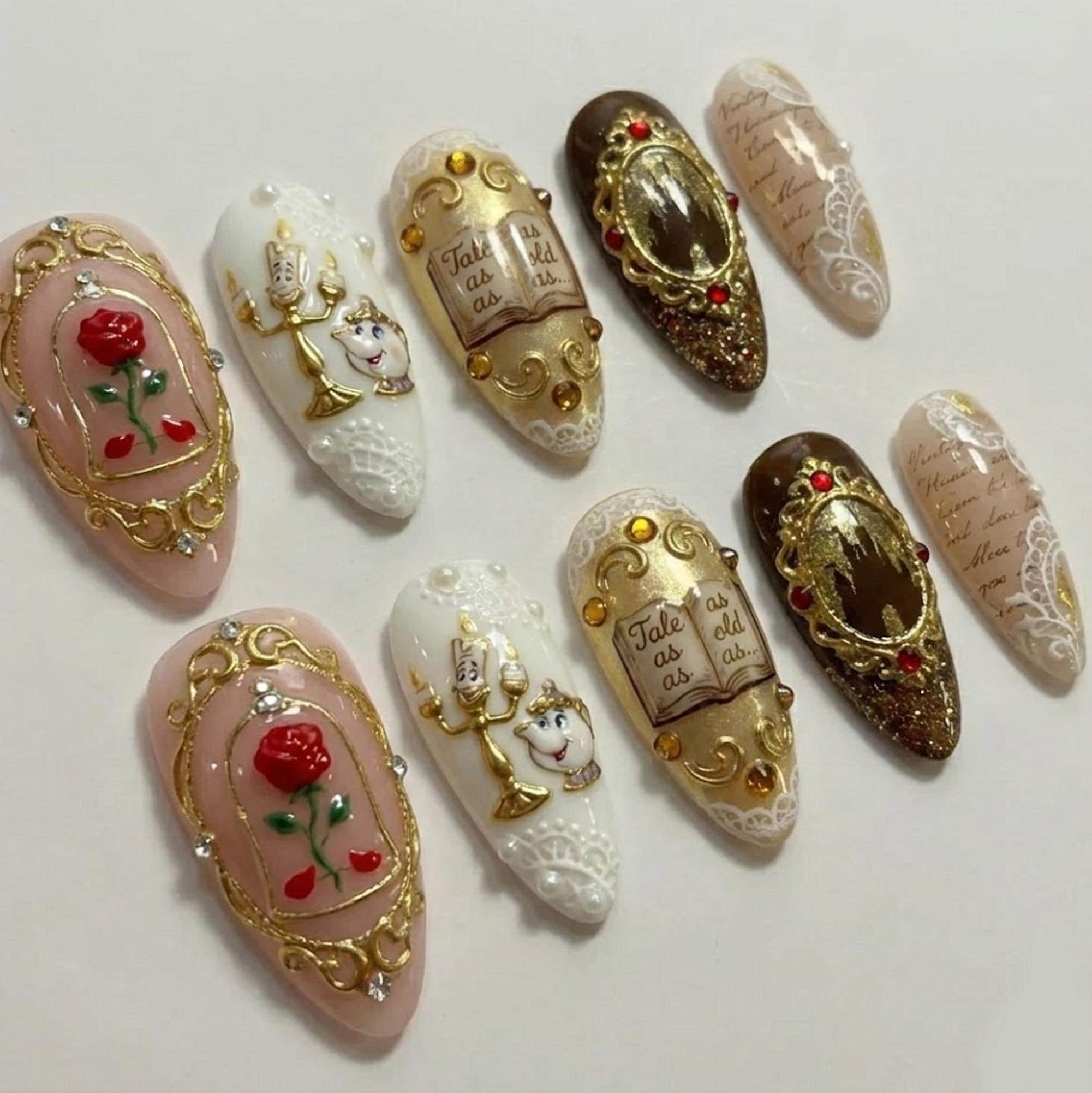 Beauty and the Beast Press on Nails, Fairytale Rose Gold Nails, Luxury ...