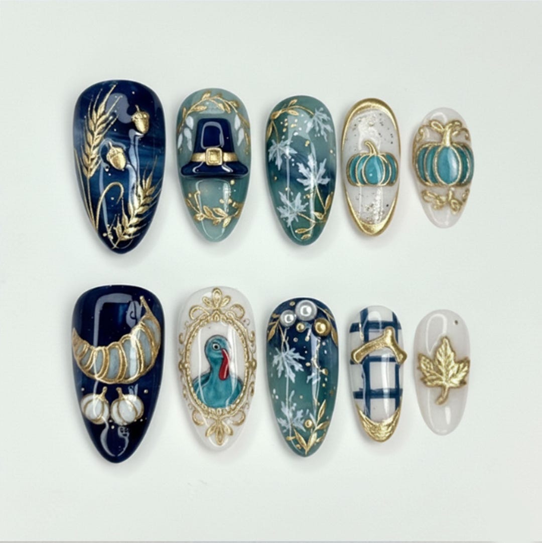 Handmade Fall Harvest Press on Nails, Wheat, Pumpkin, Plaid & Gold Leaf ...