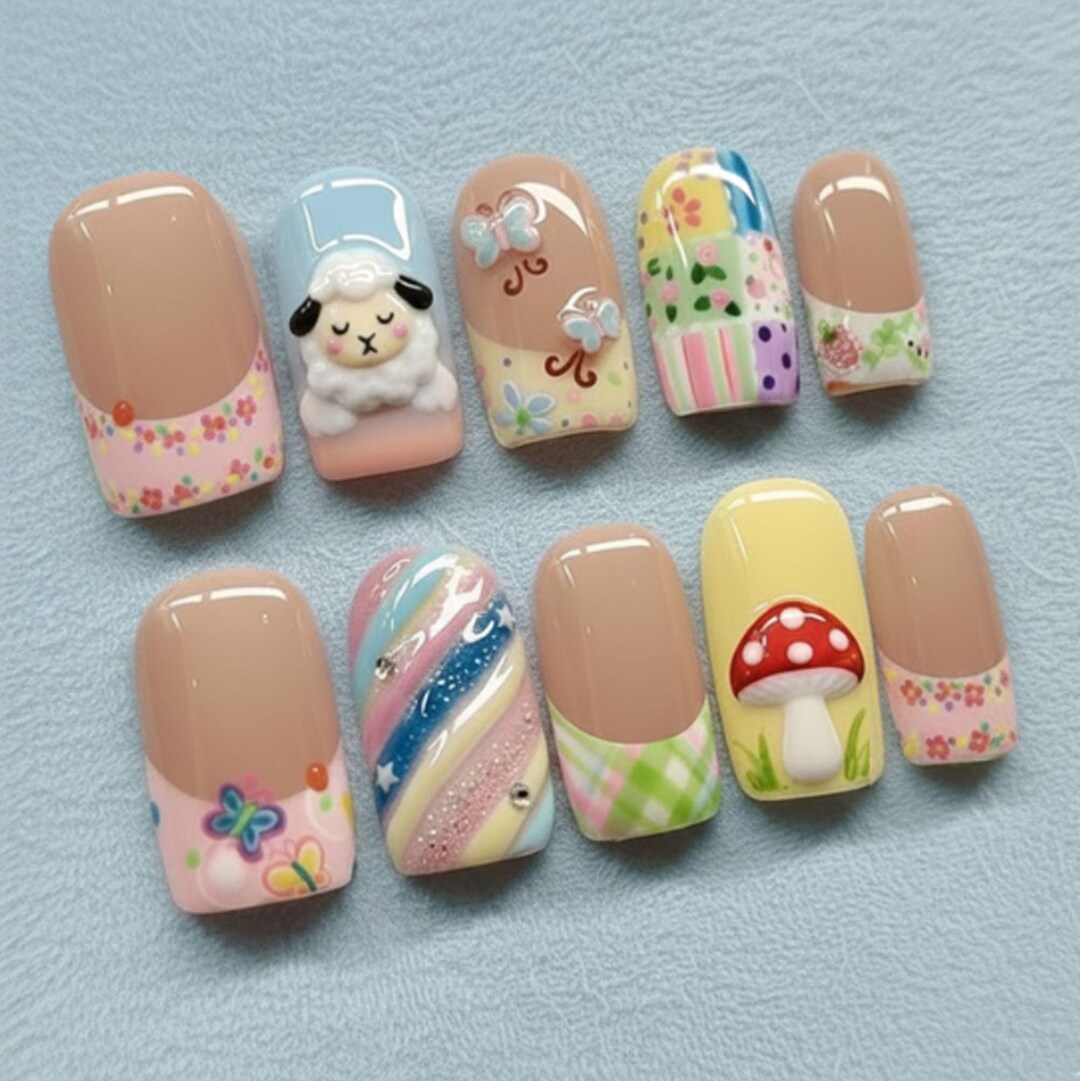 Whimsical Nail Art: Press on Nails With Cute Sheep, Flower Designs ...