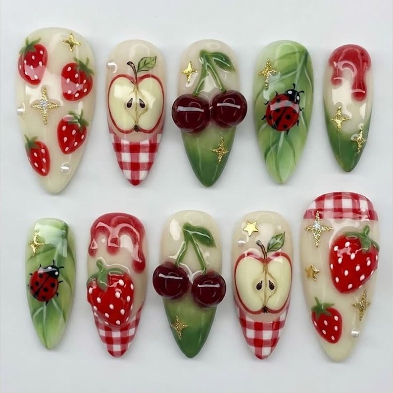 Cottagecore Fruit Press on Nails | Strawberry Apple Cherry Art ...