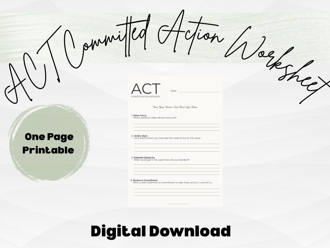 ACT Committed Action Worksheet - Goal Setting (PDF Printable) - Etsy