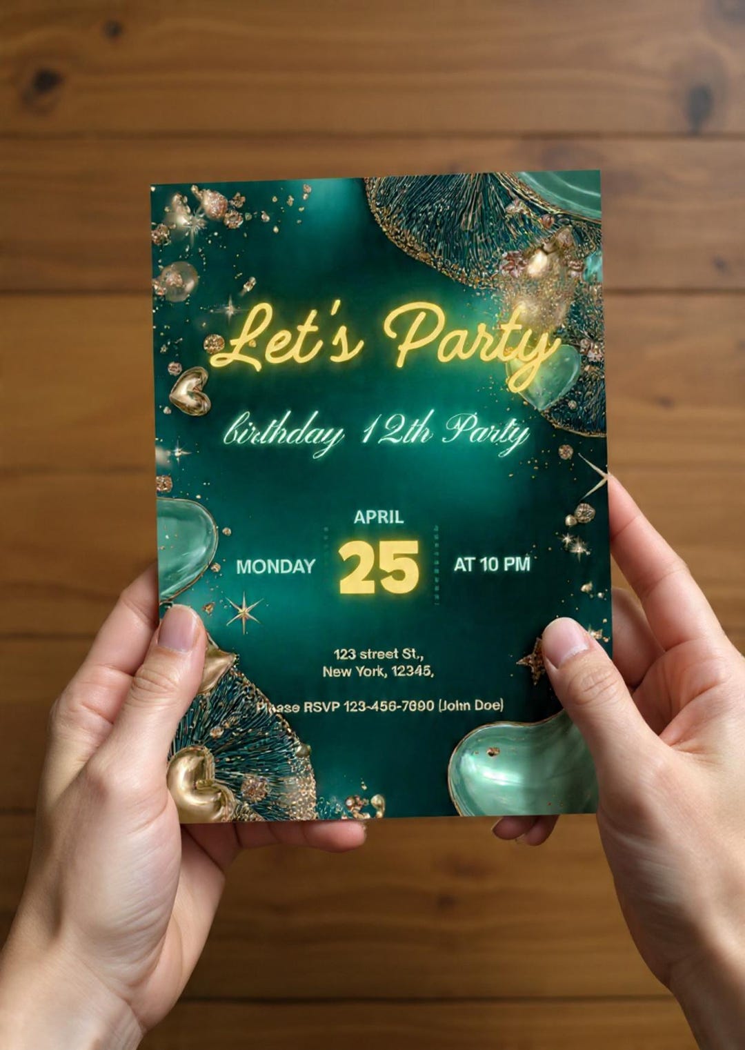 Teal and Gold Birthday Invitation, Neon Party (editable Canva Template ...