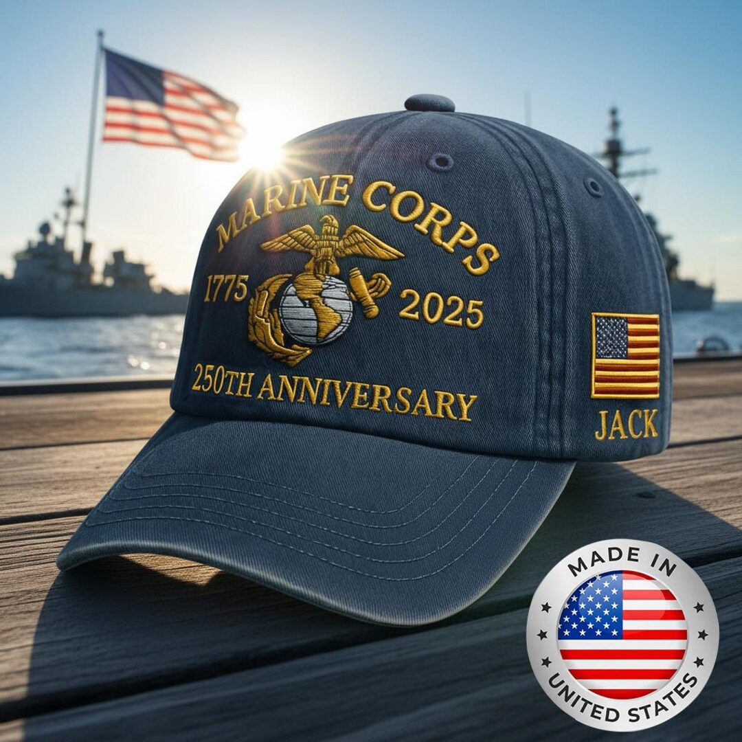 Custom Name U.S. Marine Corps 250th Anniversary Hat 1775–2025 – Navy ...