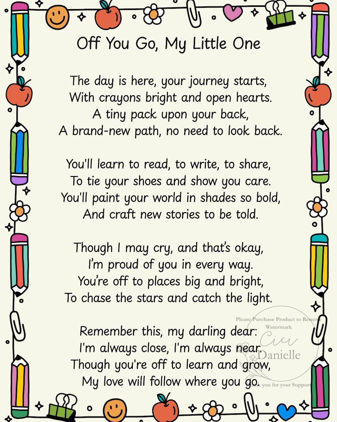 Kindergarten, Preschool, or Daycare Poem Gift: Back to School Keepsake ...