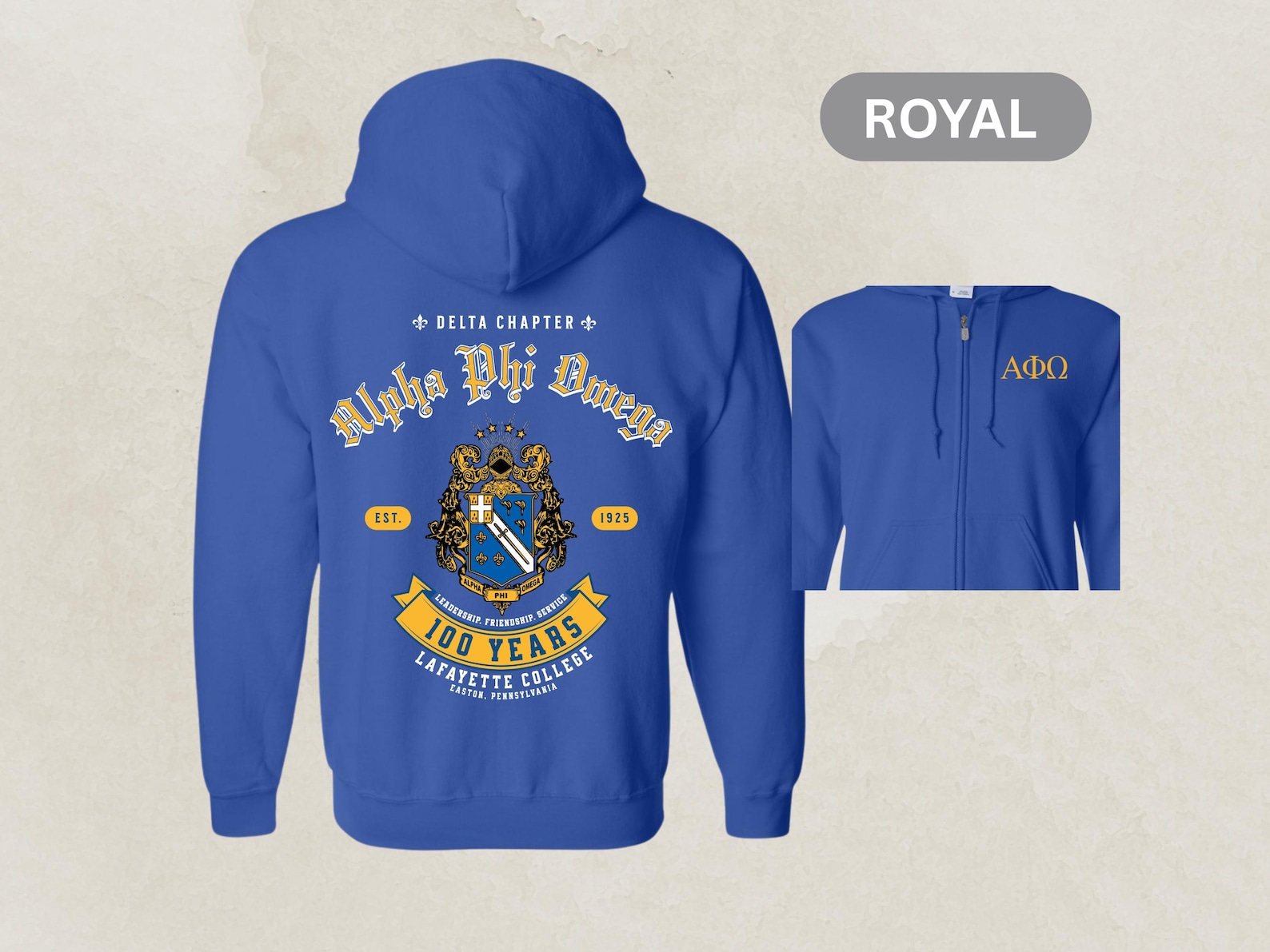 APO 100 Years Full Zip Hoodie, Alpha Phi Omega Coat of Arms Shirt ...
