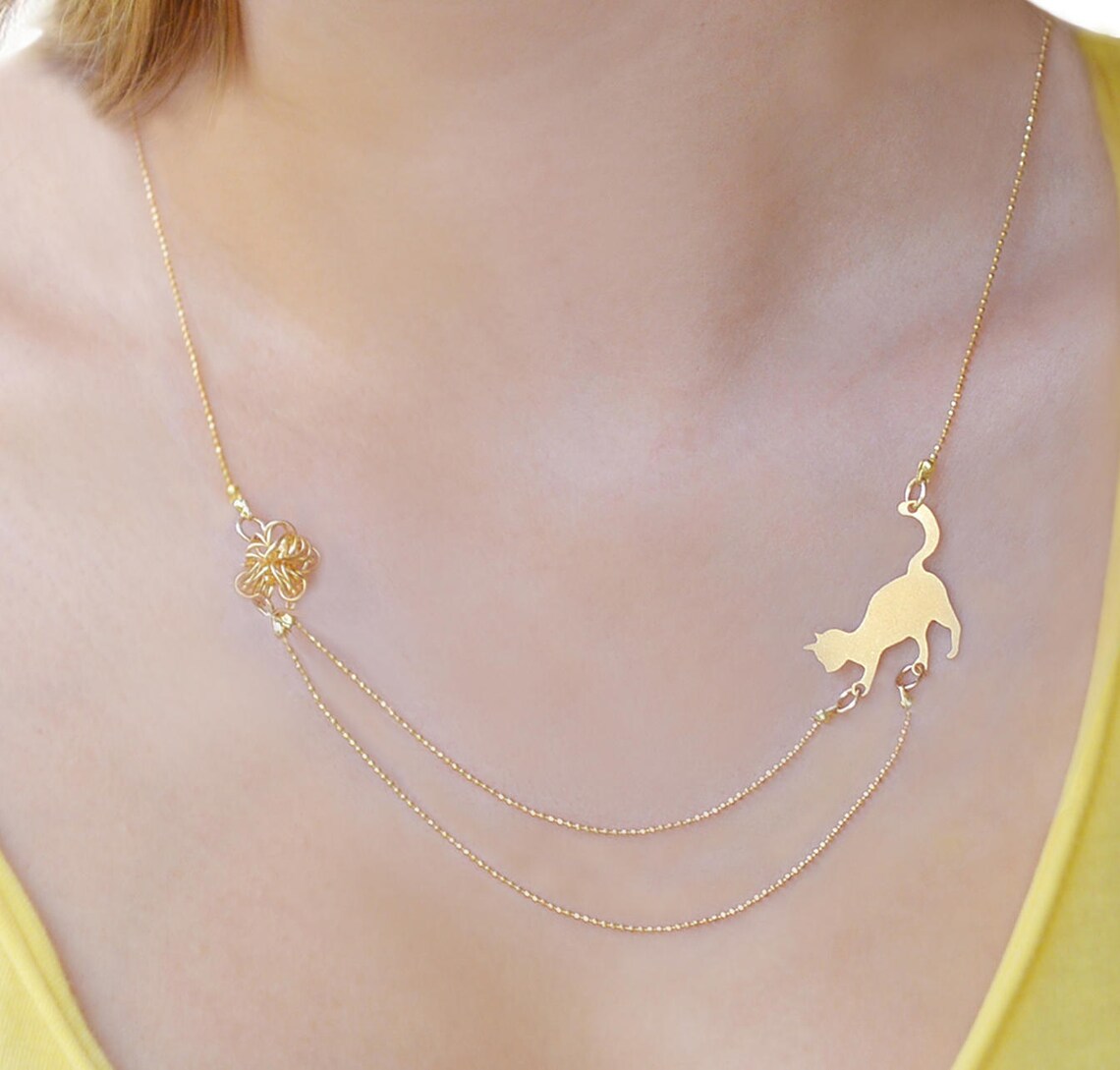 Cat gift set cat playing gold cat necklace gold cat | Etsy