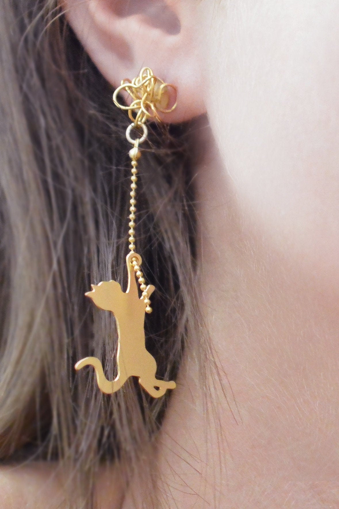 Cat Stud Earrings, Gold Cat Studs, Cat Playing With Yarn, Animal Lover ...