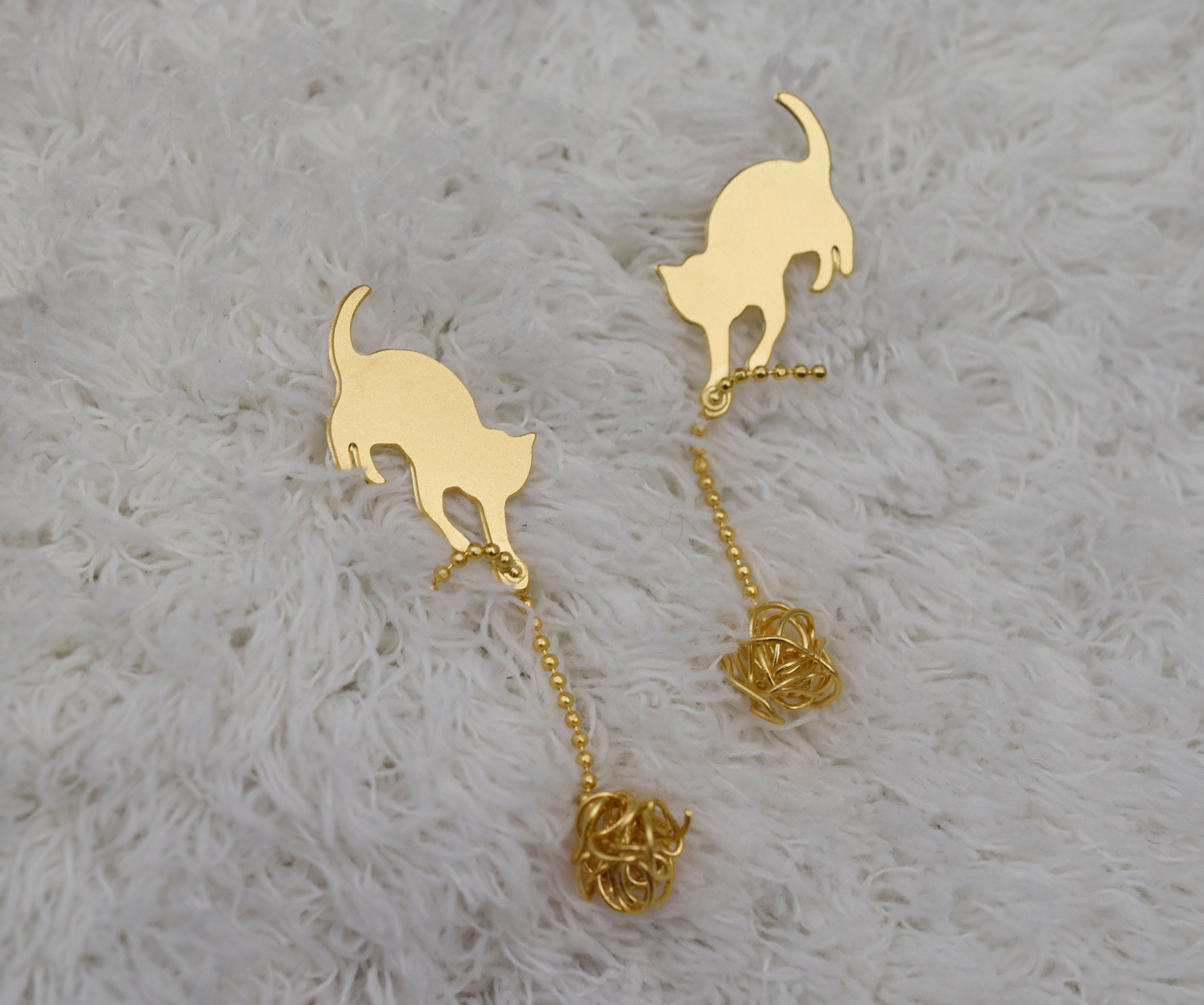 Cat Earrings Gold Cat Earring Cat Dangle Earrings Cute Drop | Etsy