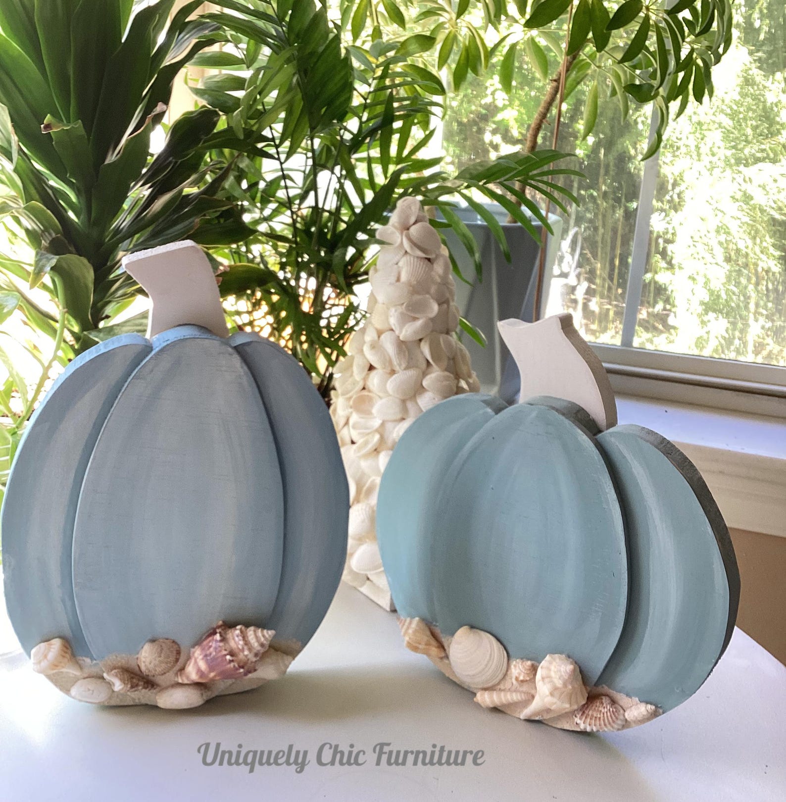 Wood Pumpkins, Painted, Coastal, Sea Shells, Beach Decor, Thanksgiving ...