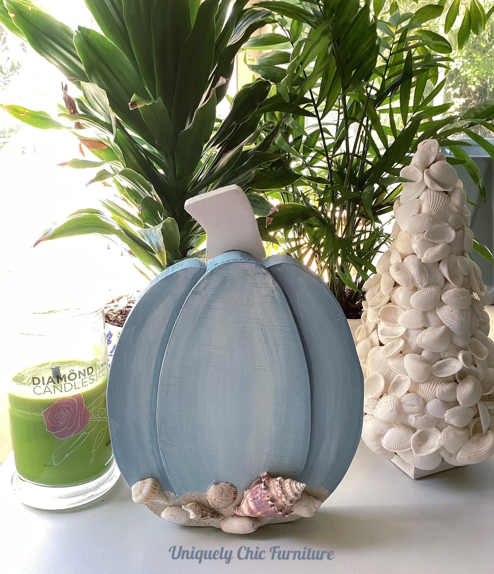 Wood Pumpkins, Painted, Coastal, Sea Shells, Beach Decor, Thanksgiving ...