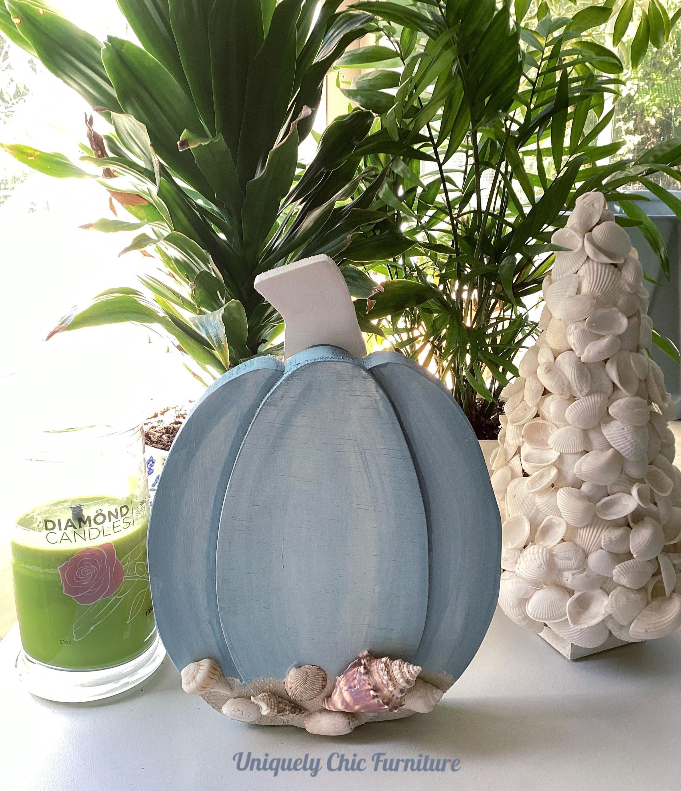Wood Pumpkins, Painted, Coastal, Sea Shells, Beach Decor, Thanksgiving ...