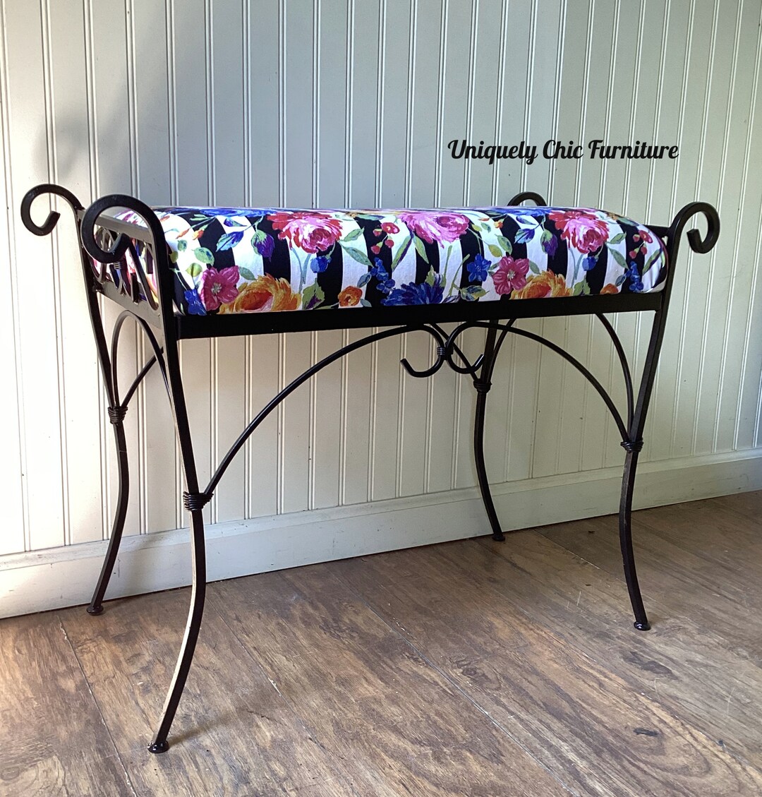 Floral Bench, Metal, Black, Upholstered, Sun Room, Vanity, Bench, Seat ...