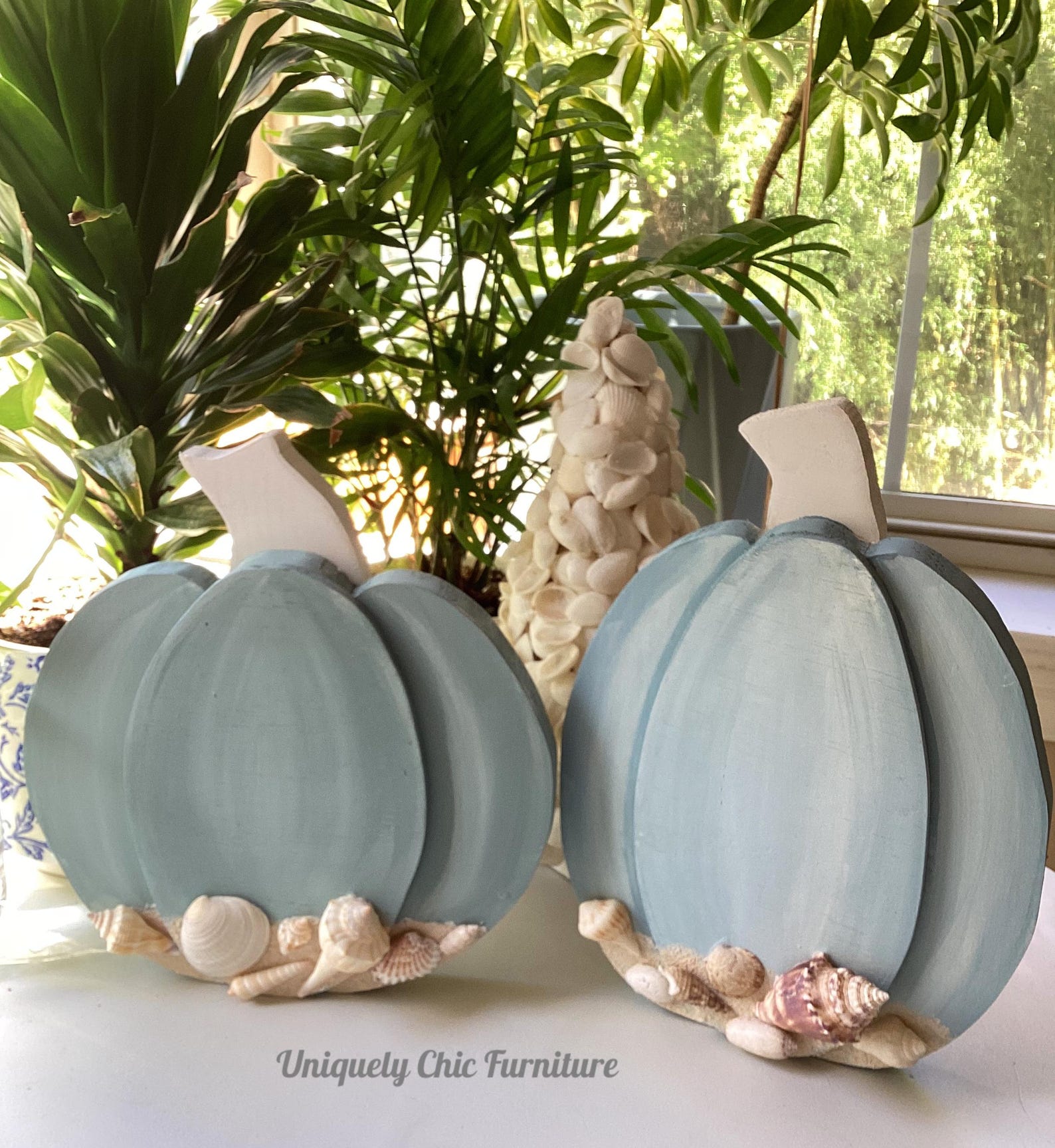 Wood Pumpkins, Painted, Coastal, Sea Shells, Beach Decor, Thanksgiving ...