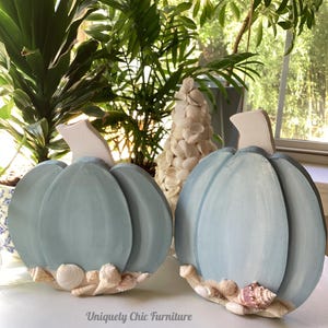 Wood Pumpkins, Painted, Coastal, Sea Shells, Beach Decor, Thanksgiving ...