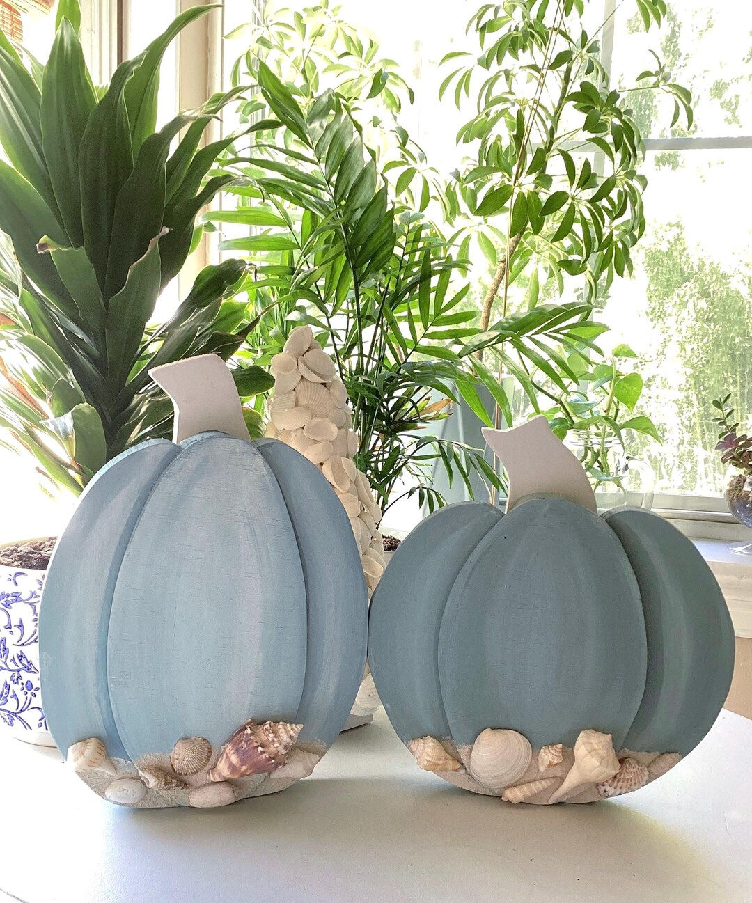 Wood Pumpkins, Painted, Coastal, Sea Shells, Beach Decor, Thanksgiving ...