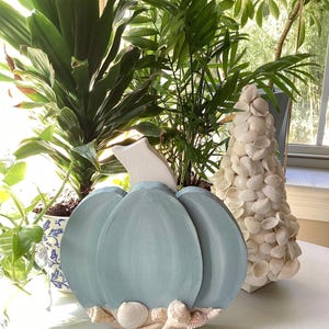 Wood Pumpkins, Painted, Coastal, Sea Shells, Beach Decor, Thanksgiving ...