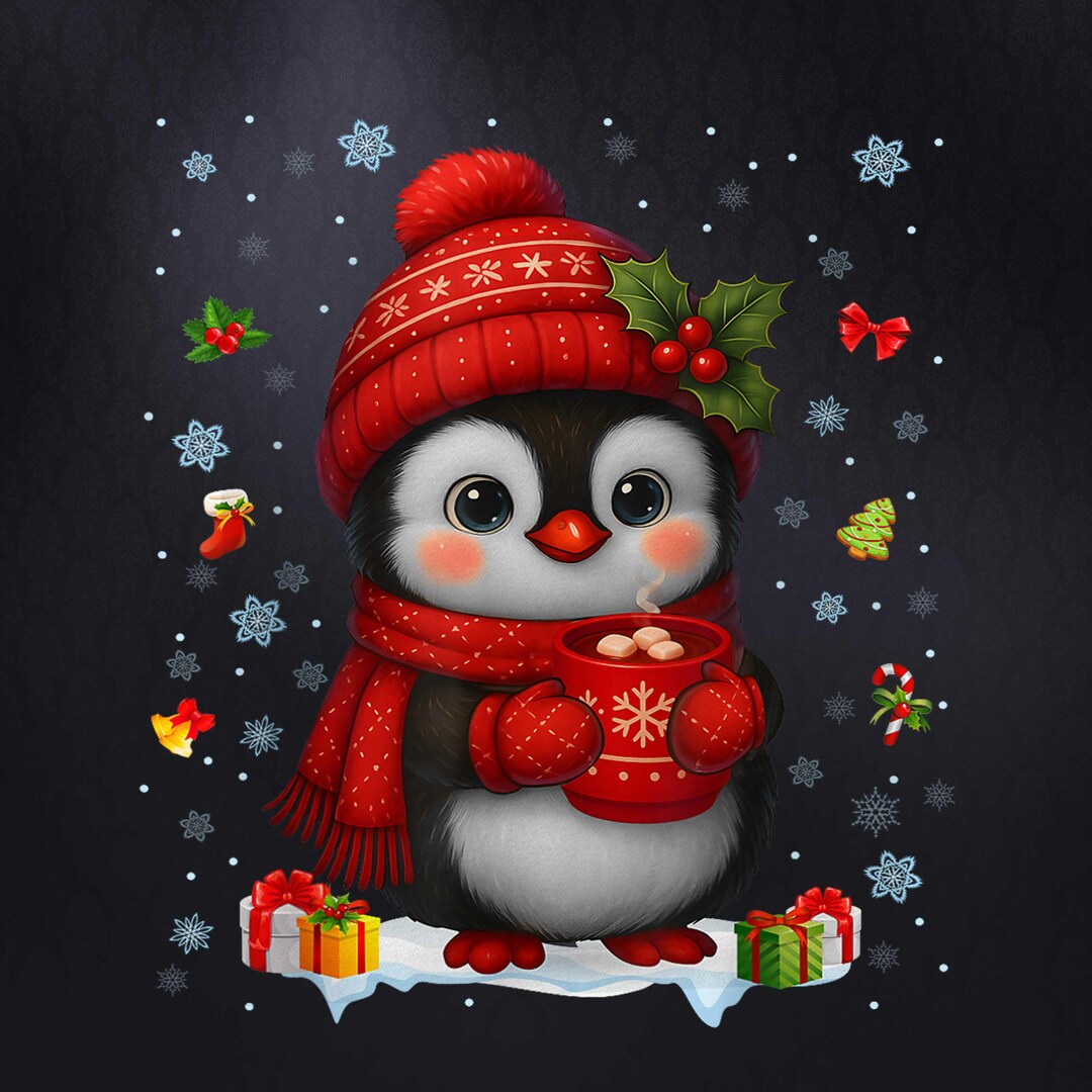 Cute Penguin Hot Cocoa Sublimation PNG, Kawaii Christmas Sweater Mug ...