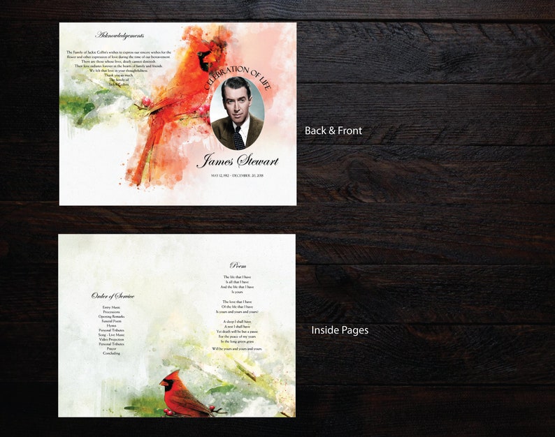 Watercolor Red Cardinals Printable Funeral Program Template | Etsy