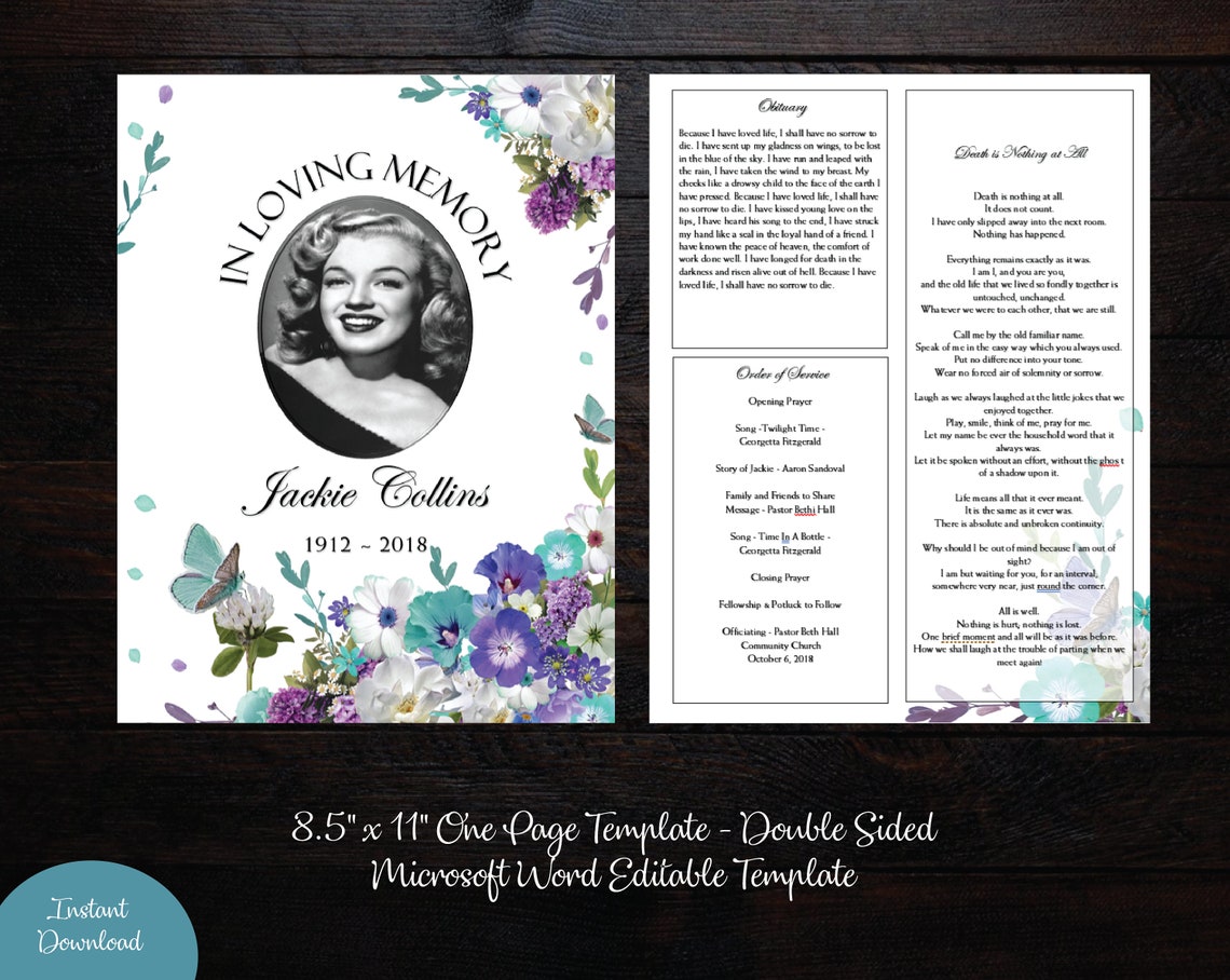 DIY Printable One Page Memorial Program Printable Funeral | Etsy