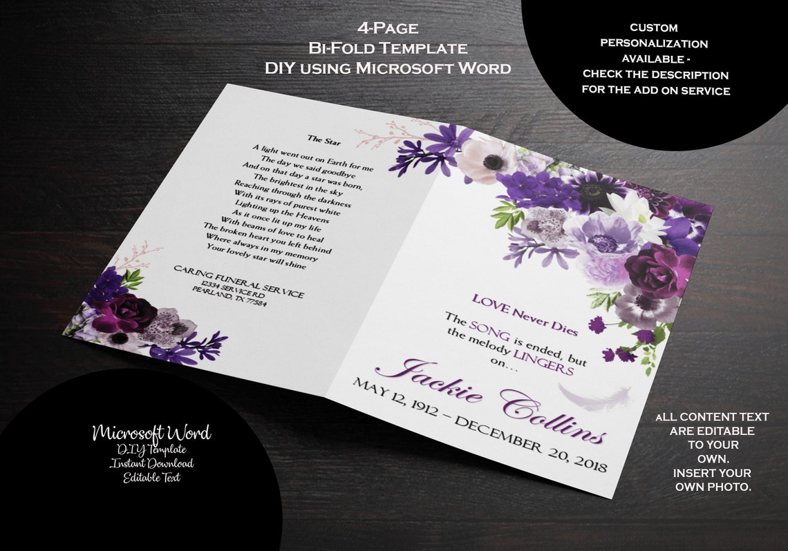 Elegant Funeral Program Template Obituary Memorial Program | Etsy
