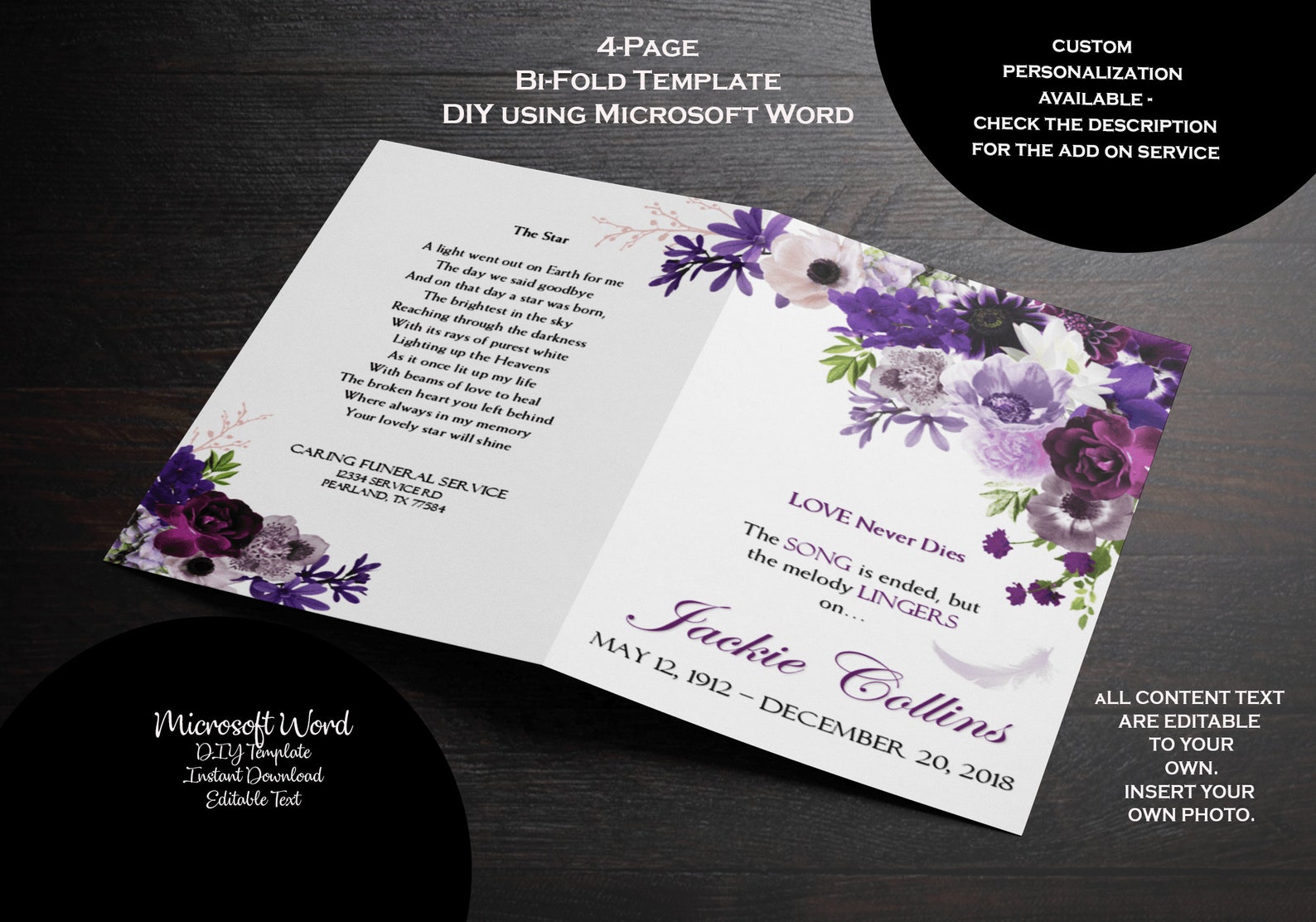 Elegant Funeral Program Template Obituary Memorial Program | Etsy