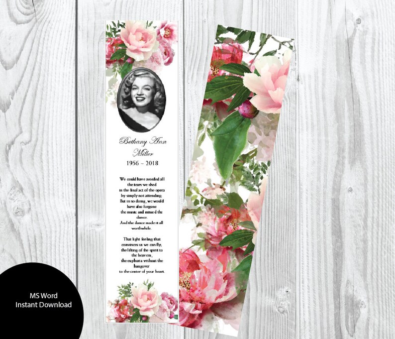 DIY Pink Peony Funeral Bookmark Template Diy Memorial | Etsy
