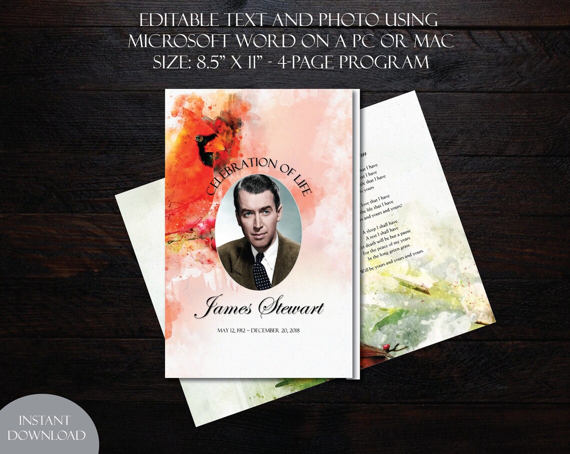 Watercolor Red Cardinals Printable Funeral Program Template | Etsy