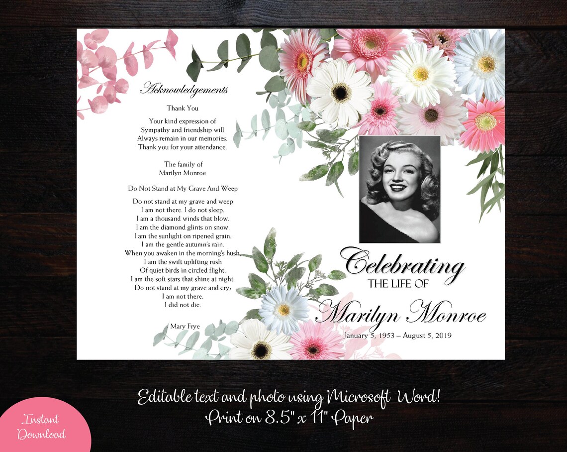 FUNERAL PROGRAM Template Printable Pink Gerbera Daisy | Etsy