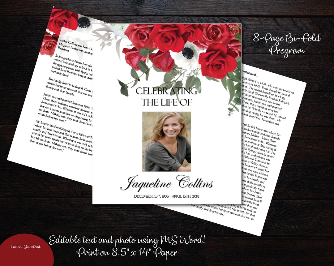 Red Roses Funeral Program Template | Editable MS Word, Bi-fold (8.5" X ...