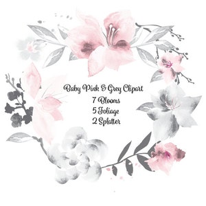 Watercolor Baby Pink & Grey Floral Clip Art High Resolution Graphic ...